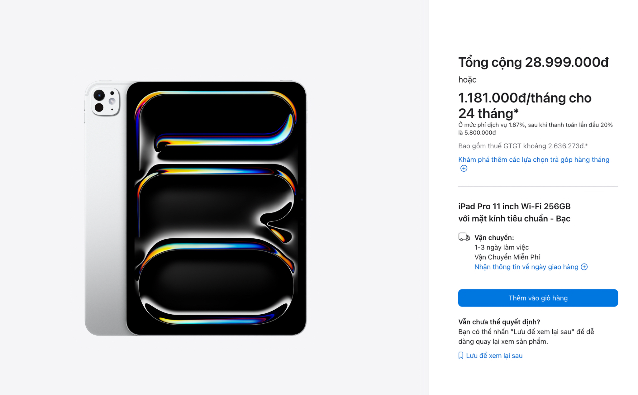 Apple Store Online Việt Nam đã cho đặt hàng iPad Pro M4, ship từ 1-3 ngày